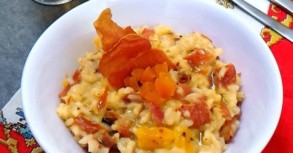 Risoto de damasco com presunto serrano crocante - COZINHANDO PARA 2 OU 1